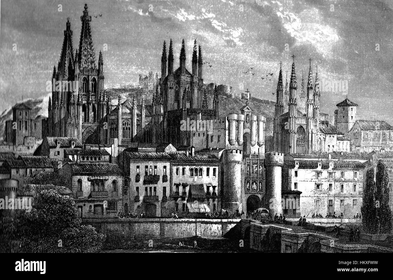 A 19th-century artistic depiction of the center of Burgos, Spain ...
