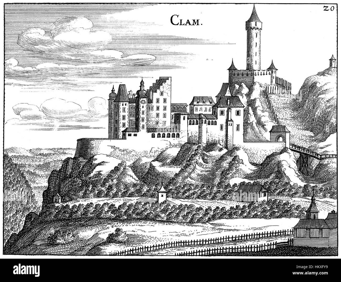 'Burg Clam' by Vischer is a detailed painting that portrays a fortified ...