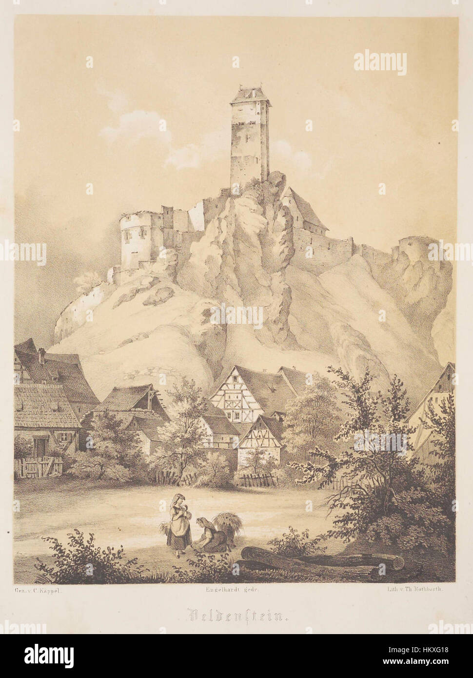 The painting 'Burg Veldenstein ca 1840' depicts the Veldenstein Castle ...