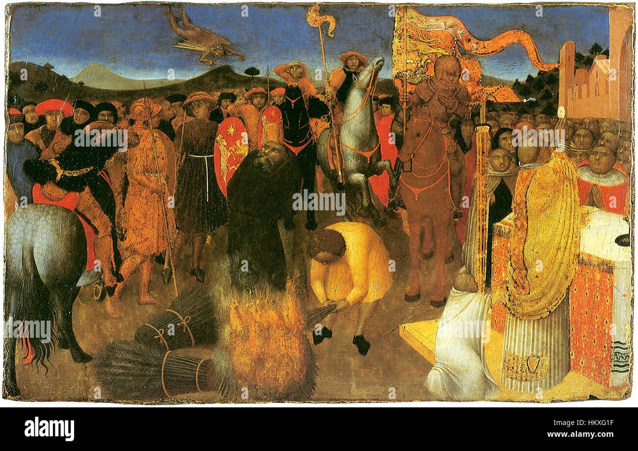 This oil painting by Sassetta depicts the dramatic scene of the burning ...