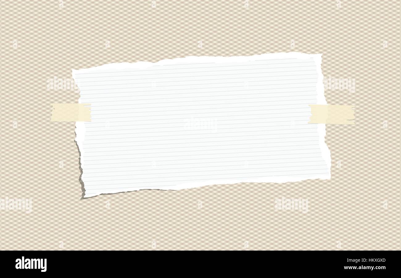 Ripped white ruled note, notebook, copybook paper sheets stuck on brown ...