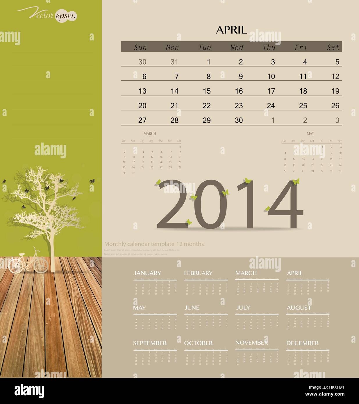 2014 calendar, monthly calendar template for April. Vector illustration ...