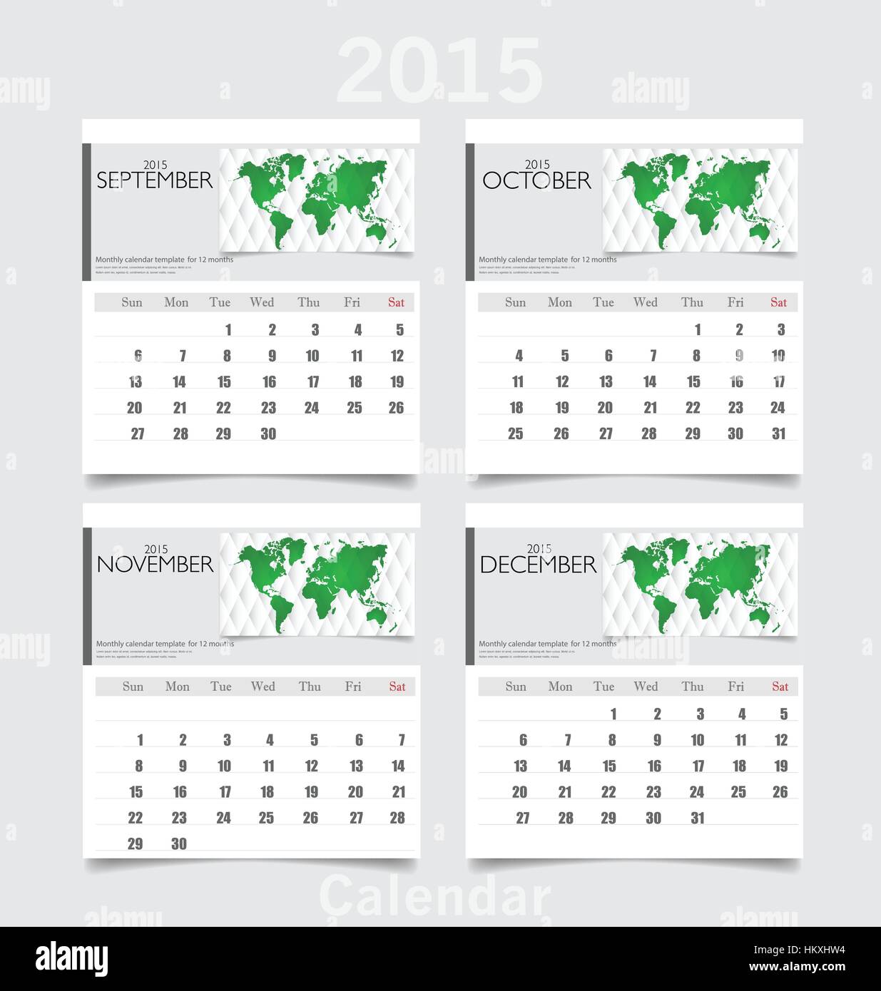 Simple 2015 year calendar (September, October, November, December ...
