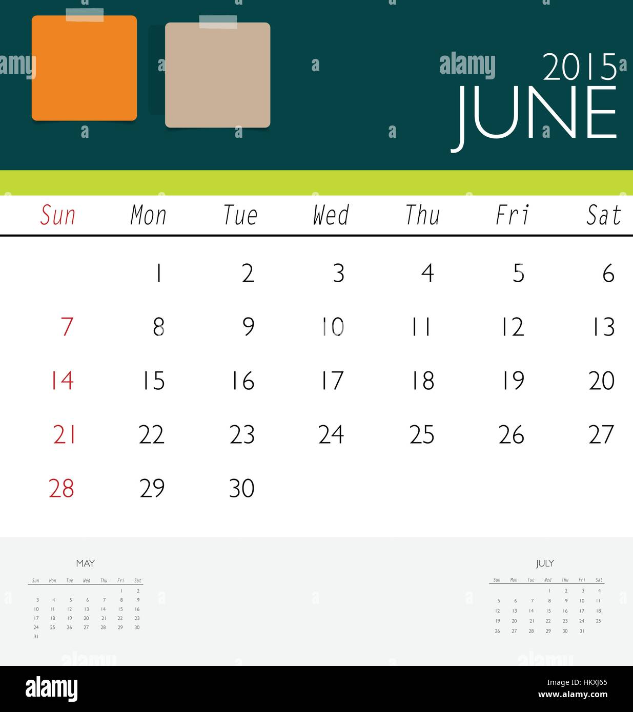 2015 calendar, monthly calendar template for June. Vector illustration ...