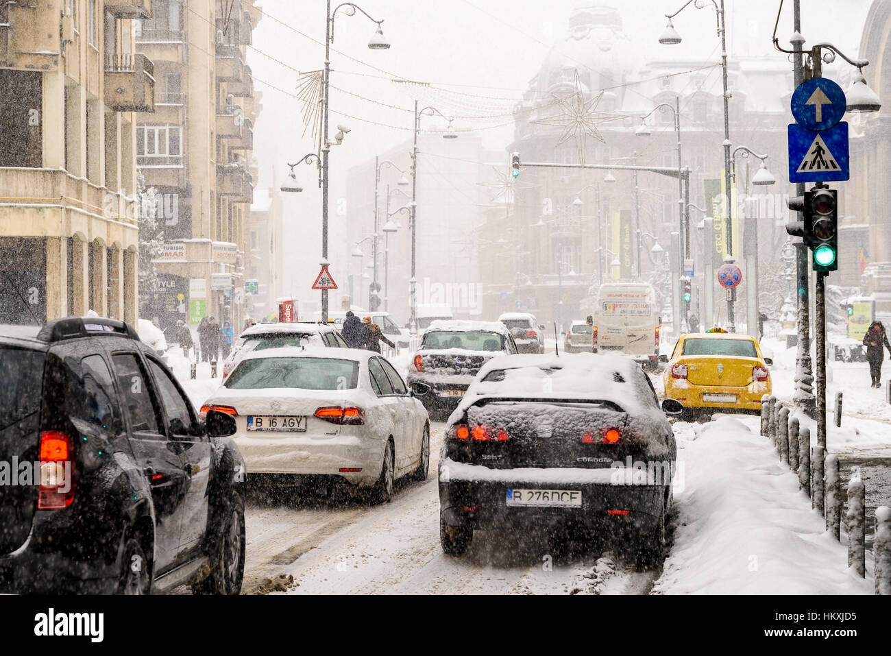 BUCHAREST, ROMANIA - JANUARY 06, 2017: Hard Traffic During Winter Snow ...