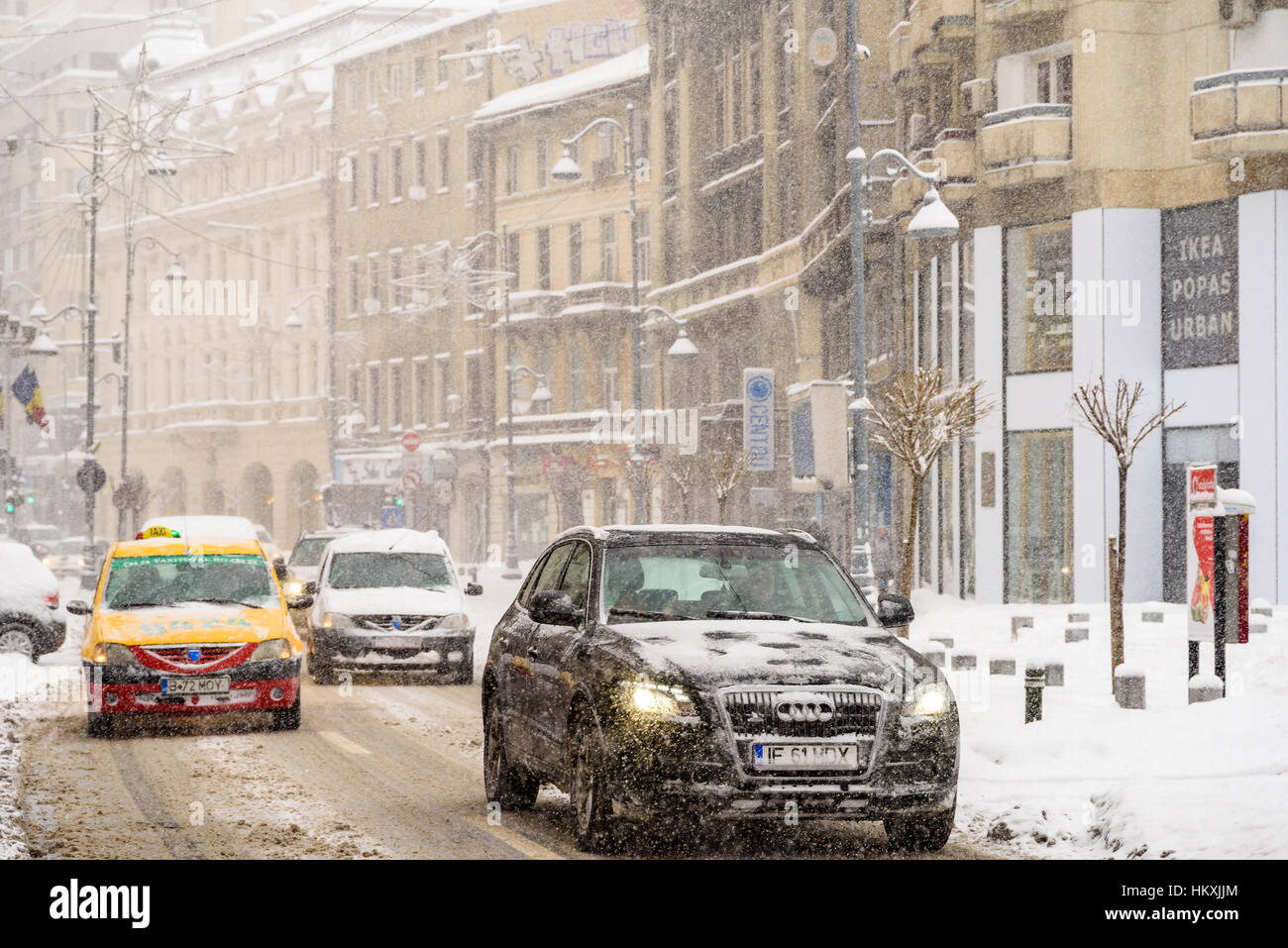 BUCHAREST, ROMANIA - JANUARY 06, 2017: Hard Traffic During Winter Snow ...