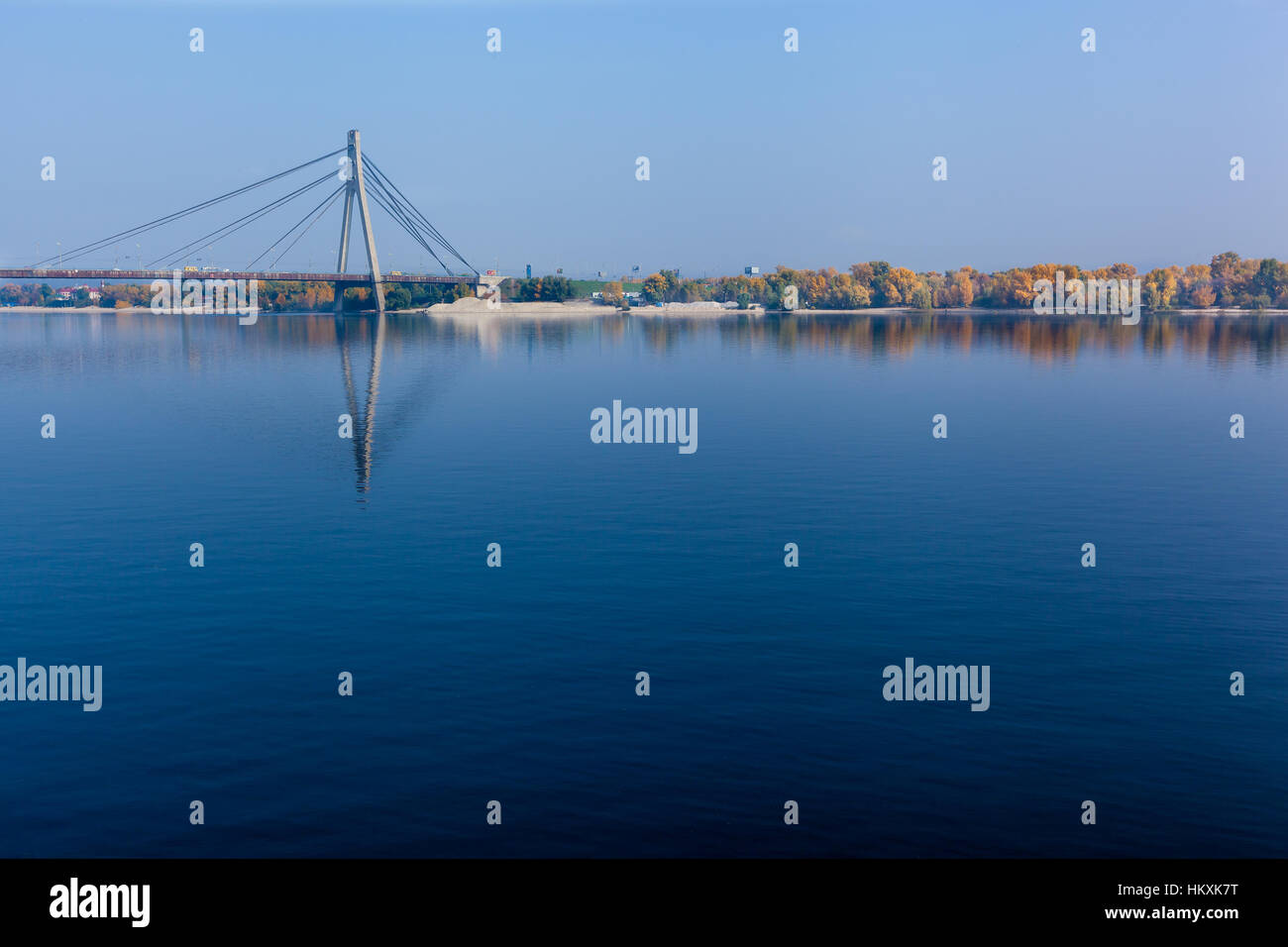 bridge across the Dnieper River suspension bridge in Kiev on the ropes ...