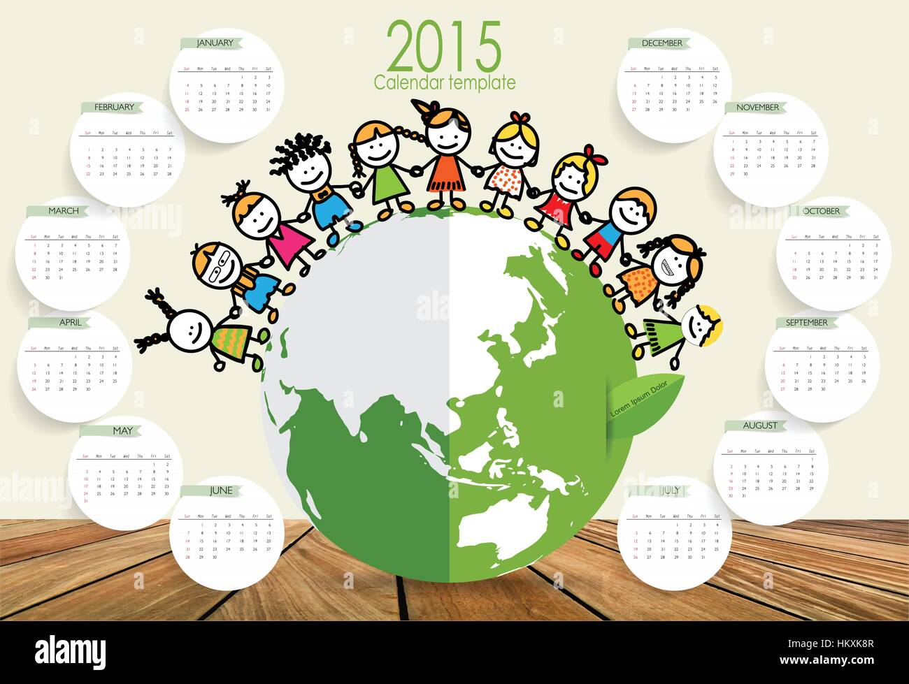 2015 calendar, Cute children on Green Eco Earth. Vector illustration ...