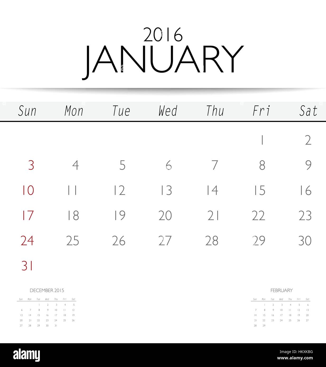 2016 calendar, monthly calendar template for January. Vector ...