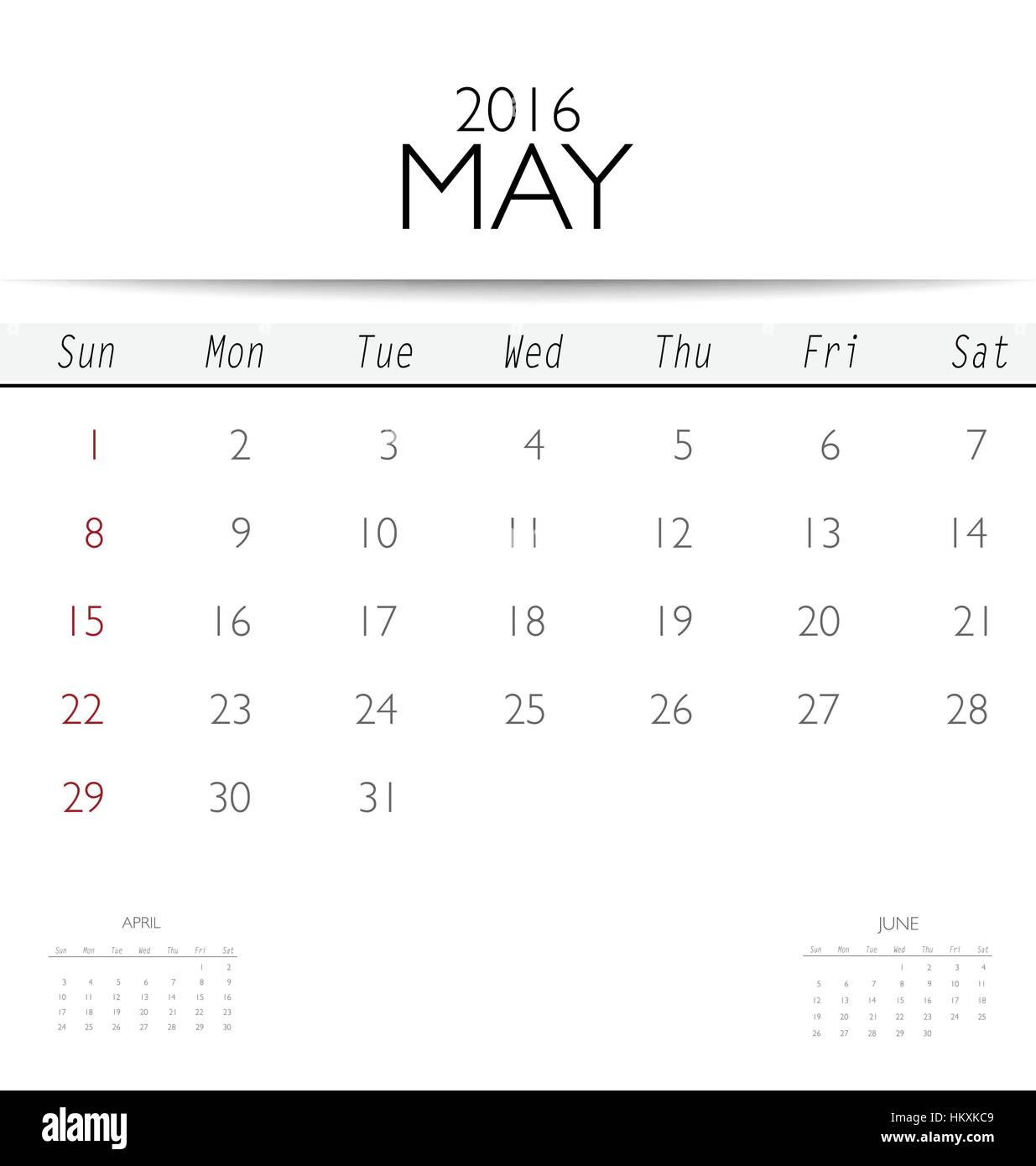 2016 calendar, monthly calendar template for May. Vector illustration ...