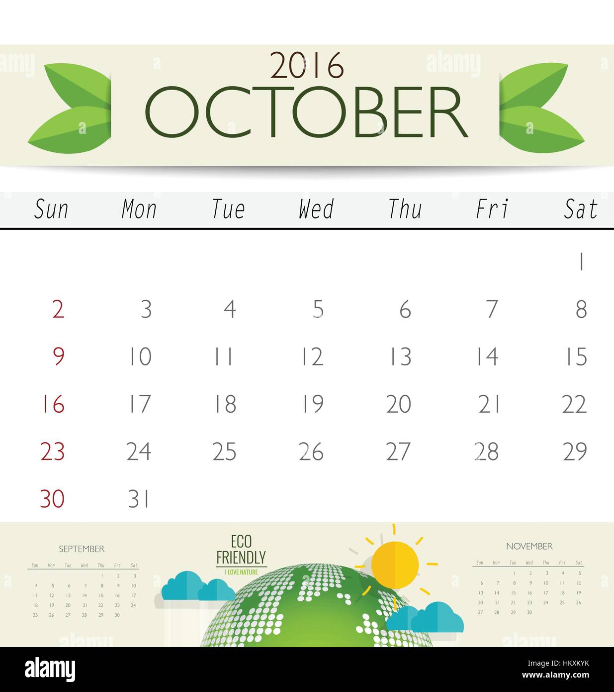 2016 calendar, monthly calendar template for October. Vector ...