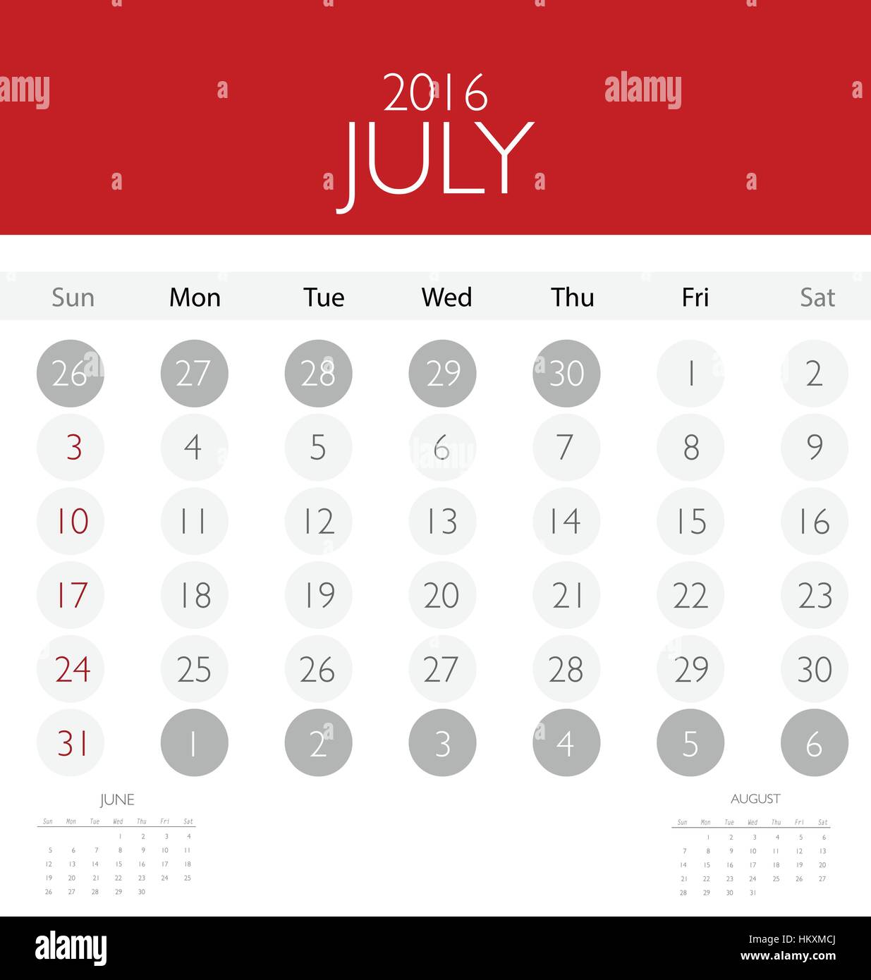 2016 calendar, monthly calendar template for July. Vector illustration ...