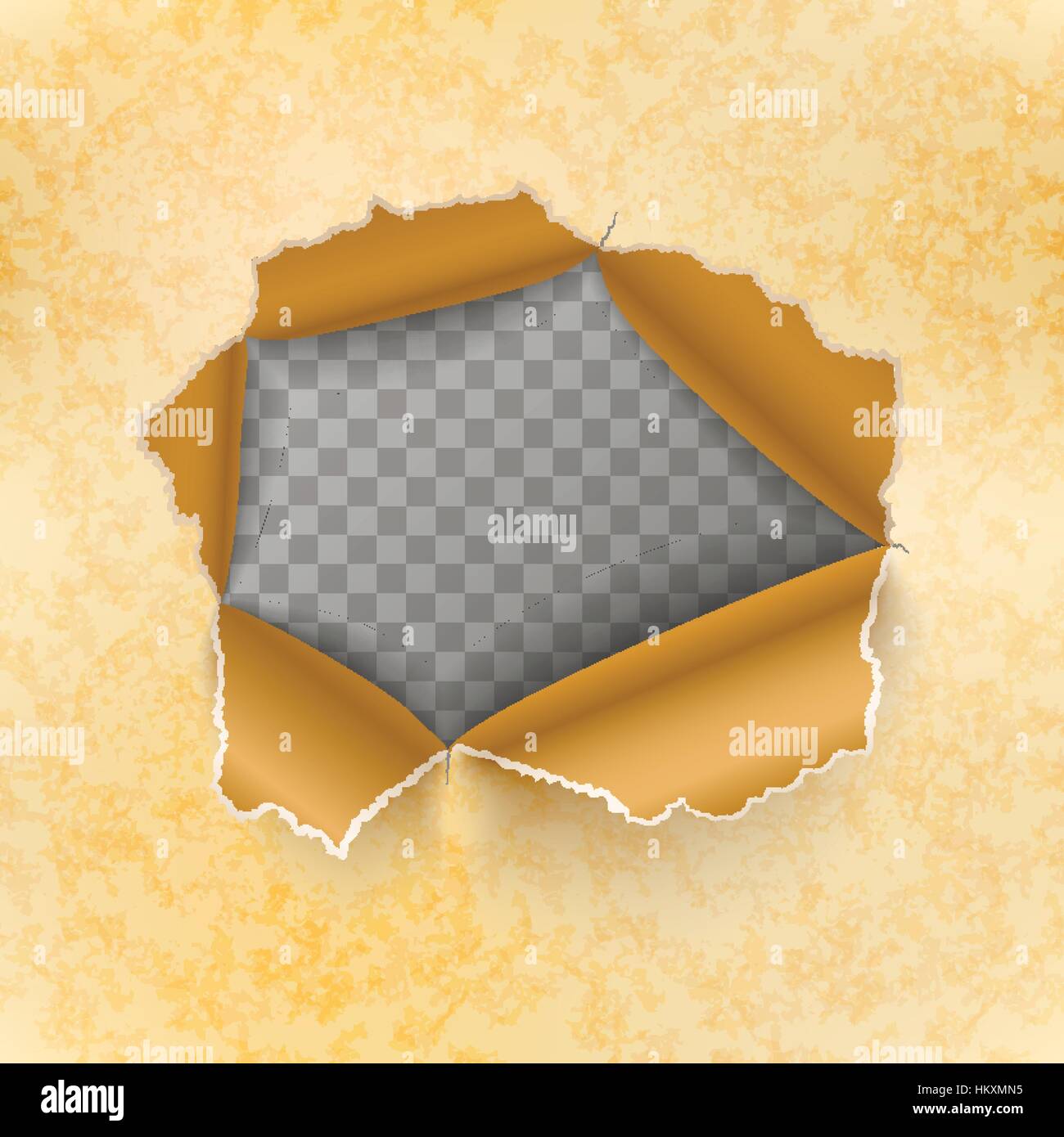 Torn hole in yellow sheet of old paper on transparent background Stock ...