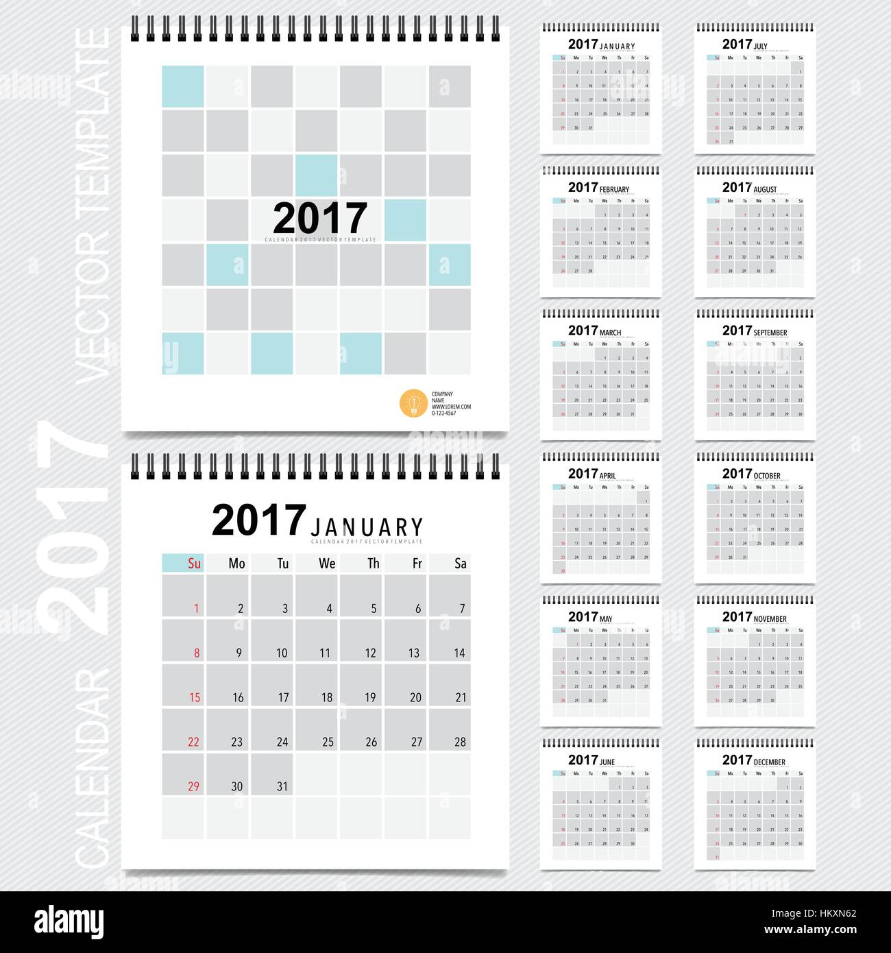 2017 Calendar planner, vector design template. Set of 12 months. Week ...