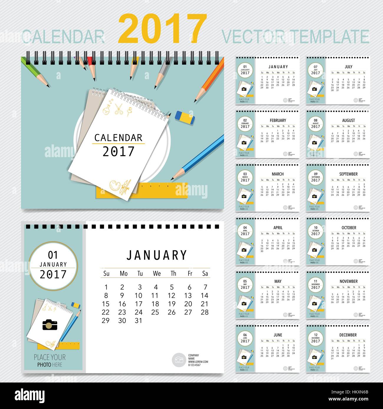 2017 Calendar planner, vector design template. Set of 12 months. Week ...