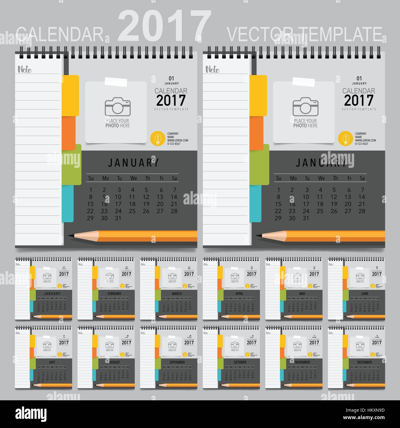 2017 Calendar planner, vector design template. Set of 12 months. Week ...