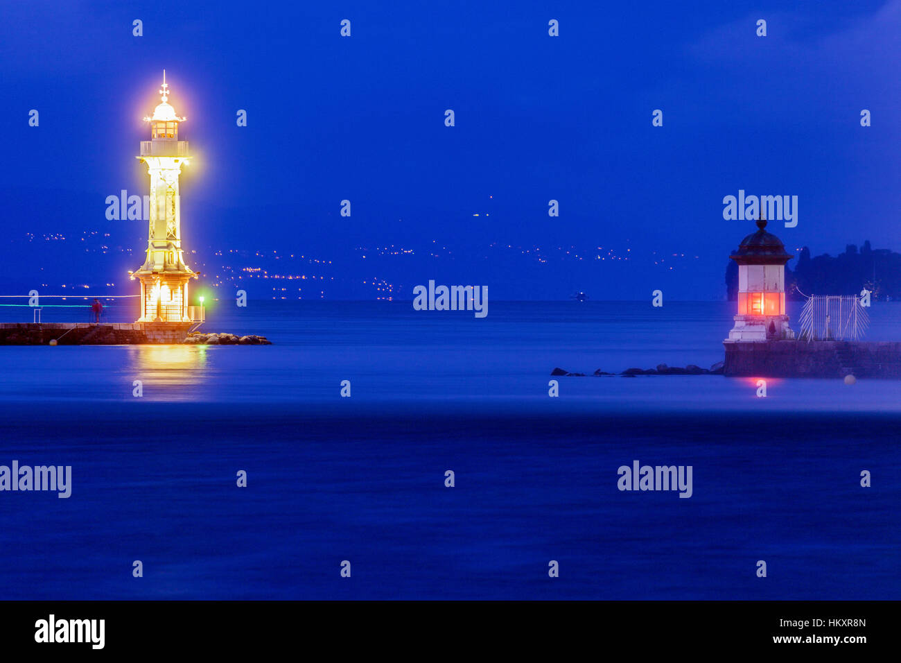 Geneva Lighthouses at night. Geneva, Switzerland Stock Photo - Alamy