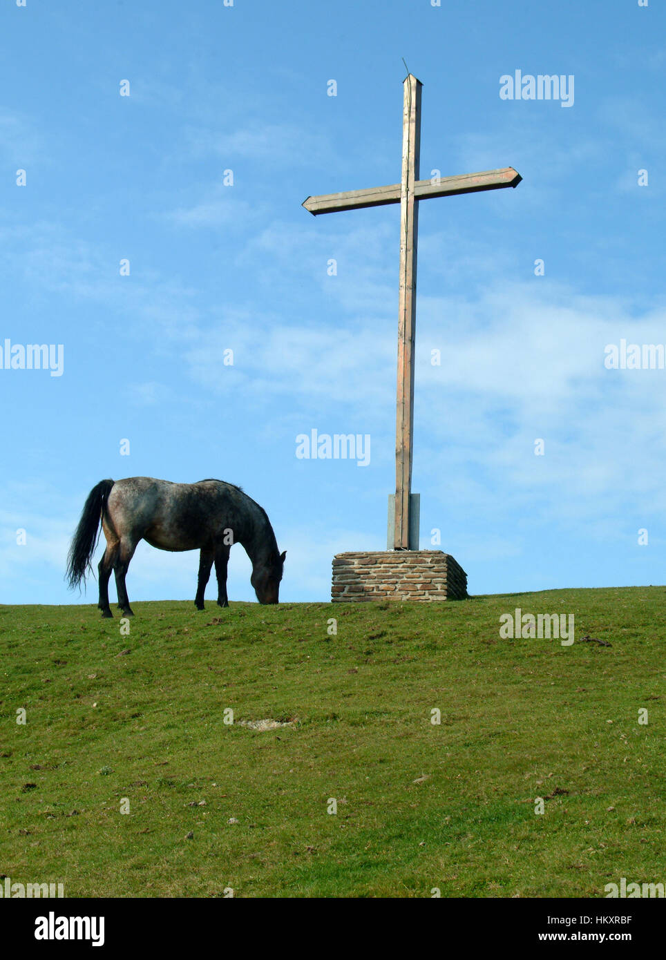 Horse grazing beside wooden cross Stock Photo - Alamy