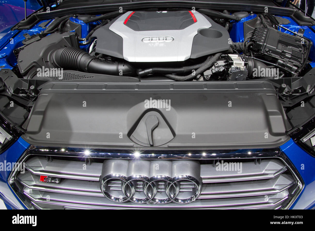 FRANKFURT, GERMANY - SEP 16, 2015: Audi S4 TFSI V6 engine at the IAA ...