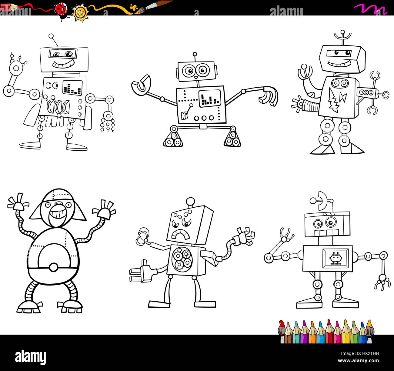 Black and White Cartoon Illustration of Robot Characters Set Coloring ...
