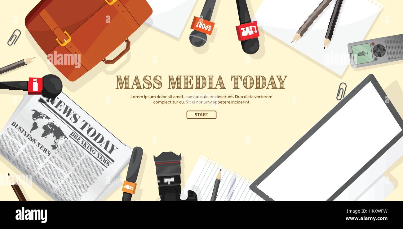 Mass media background in a flat style.Press conference with ...