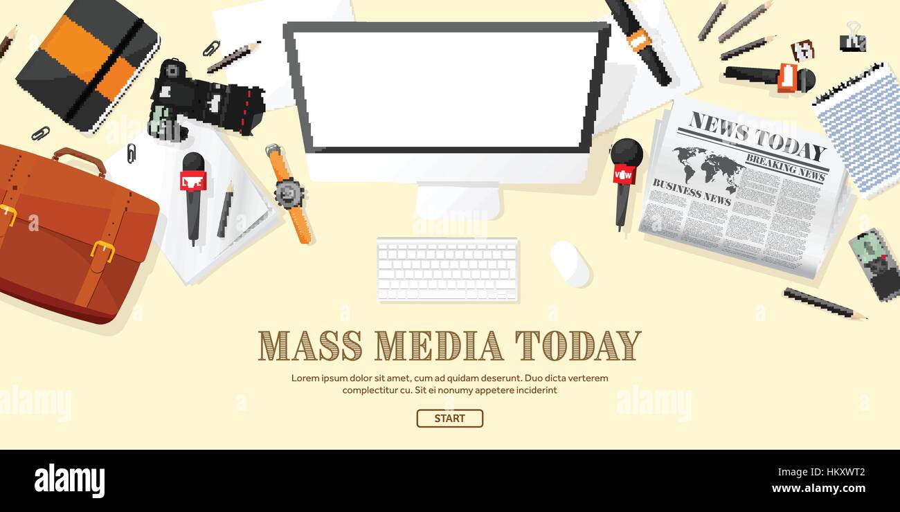 Mass media background in a flat style.Press conference with ...