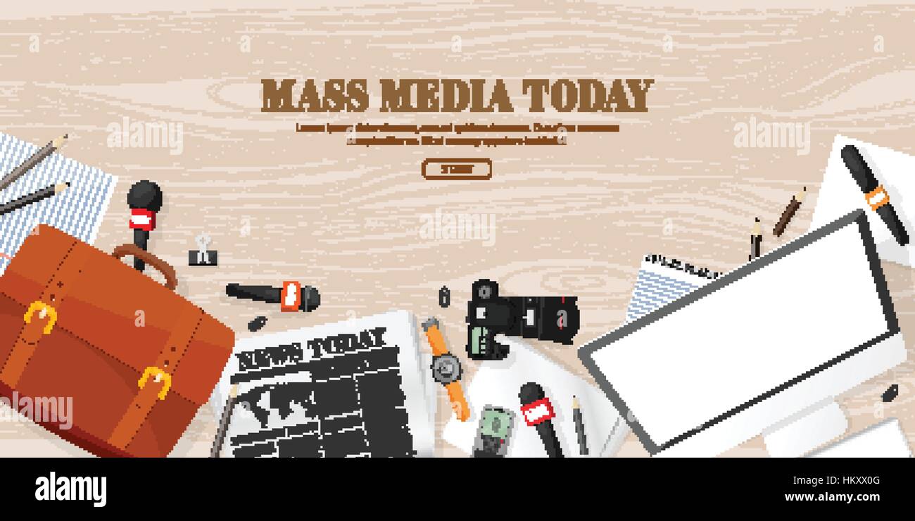Mass media background in a flat style.Press conference with ...