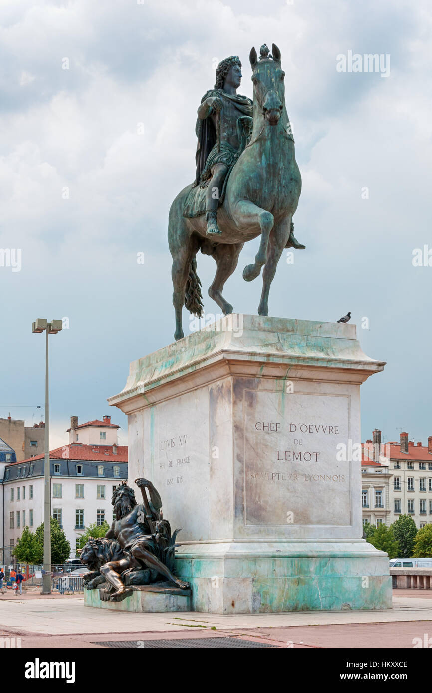 The Bellecour square. Statue of Louis XIV in Lyon, France Stock Photo ...