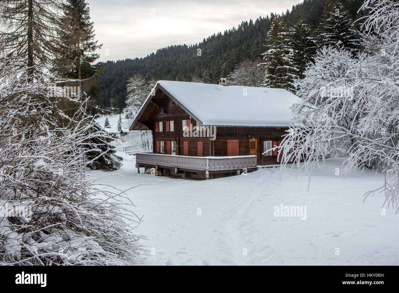 Swiss Chalet in Winter Stock Photo - Alamy