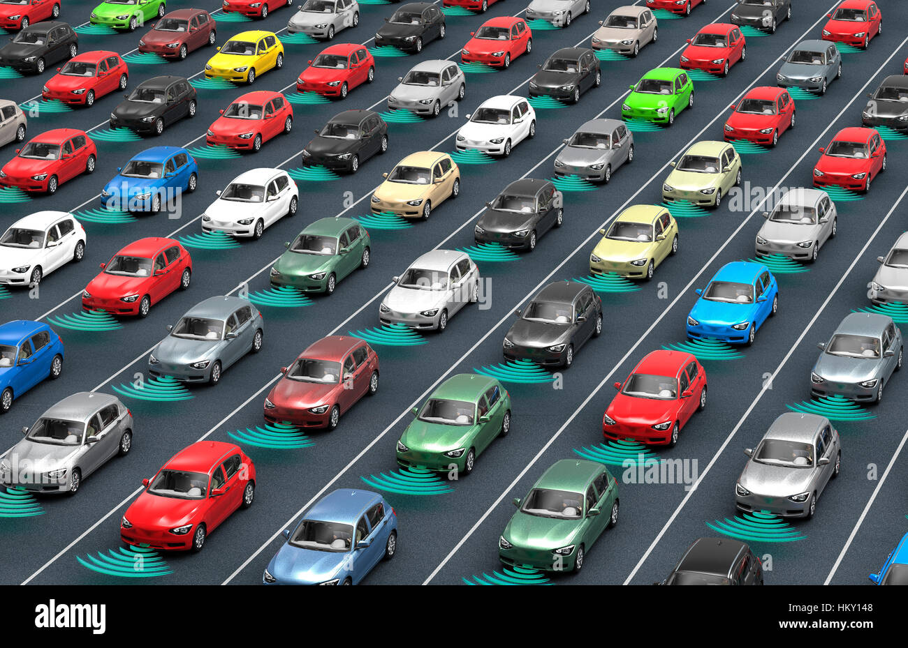 self driving electronic computer cars on road, 3d illustration Stock ...