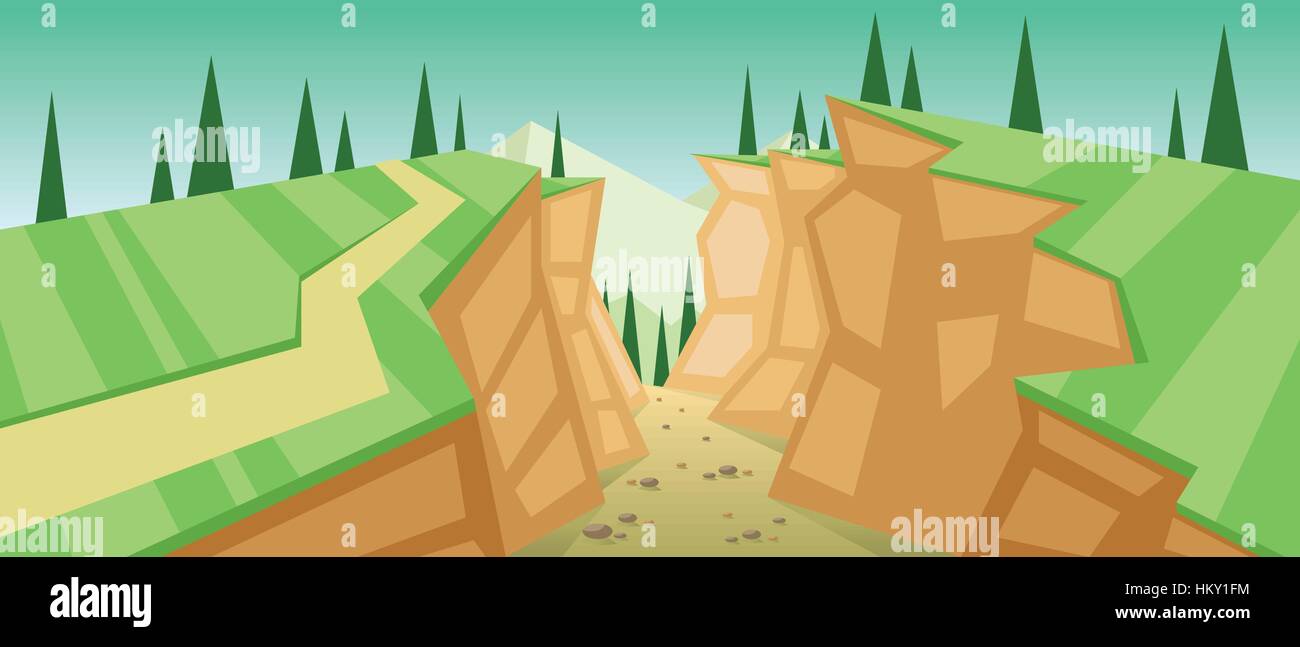 Digital vector abstract background with pines, steep, clay road with ...