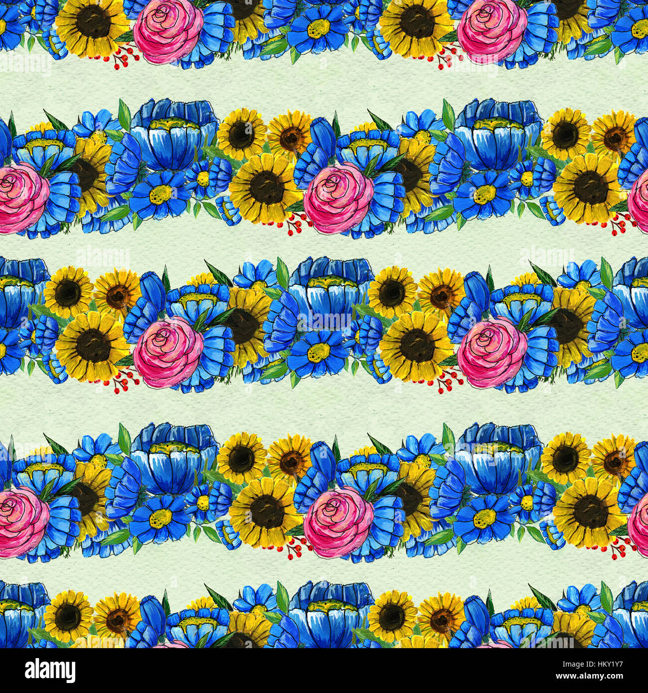 Seamless pattern with blue yellow and pink flowers Stock Photo - Alamy