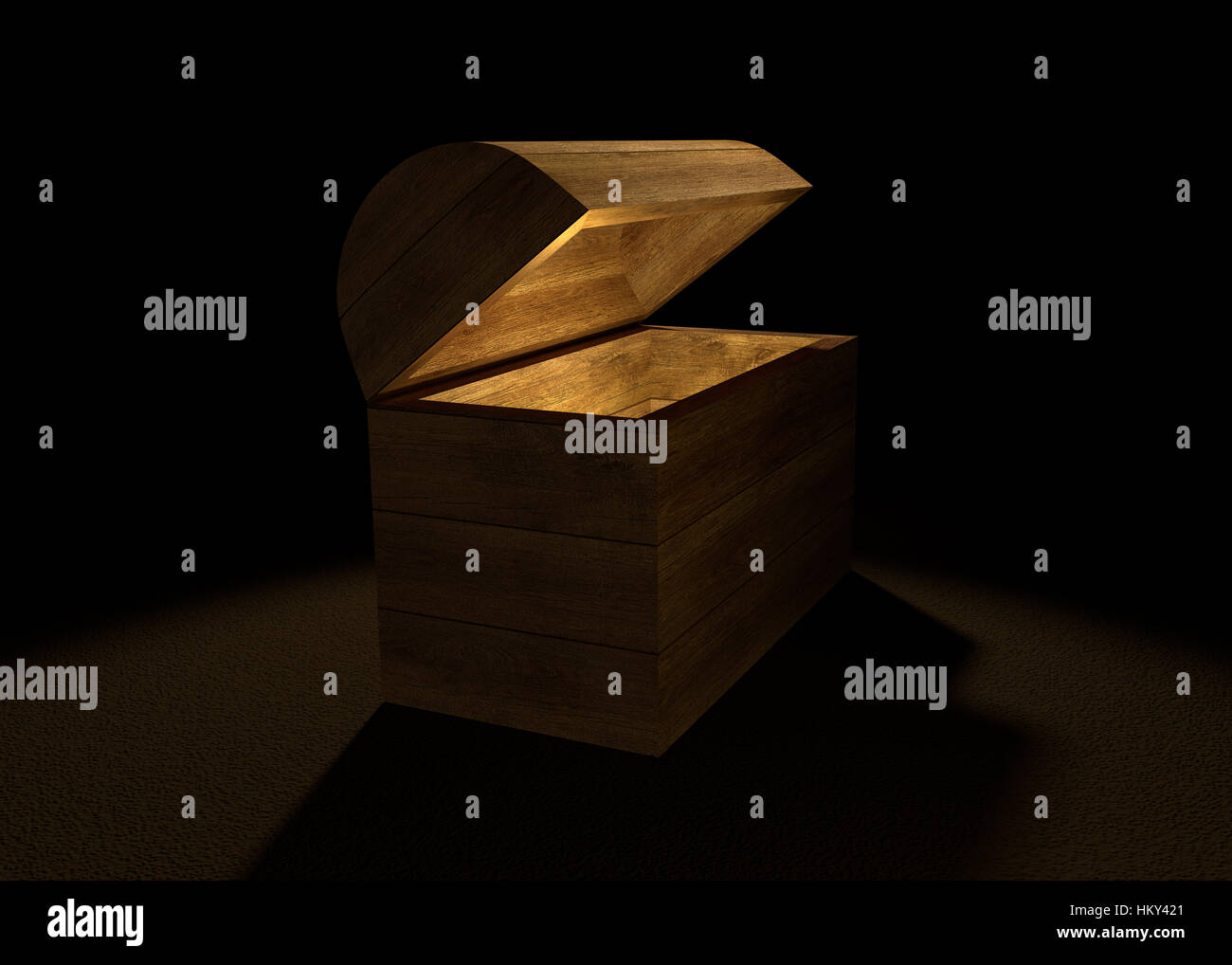 Open wooden chest in the dark with shining secret content. 3D render ...