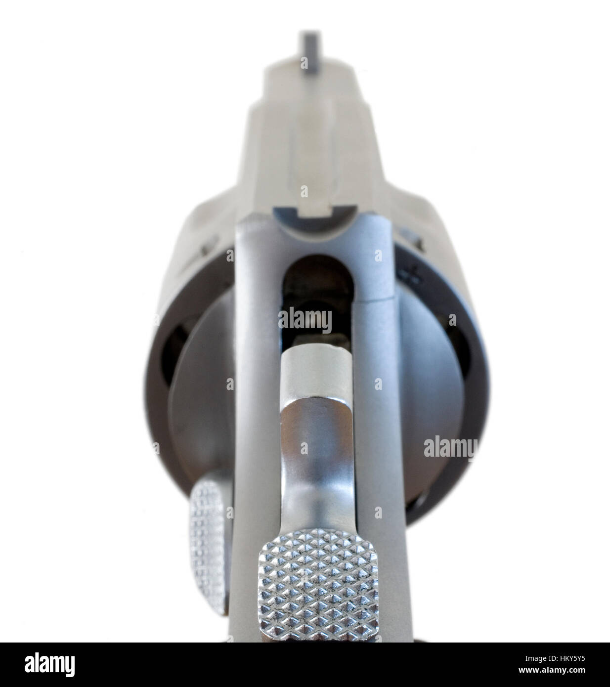 View from the back of a revolver as the hammer is back Stock Photo - Alamy