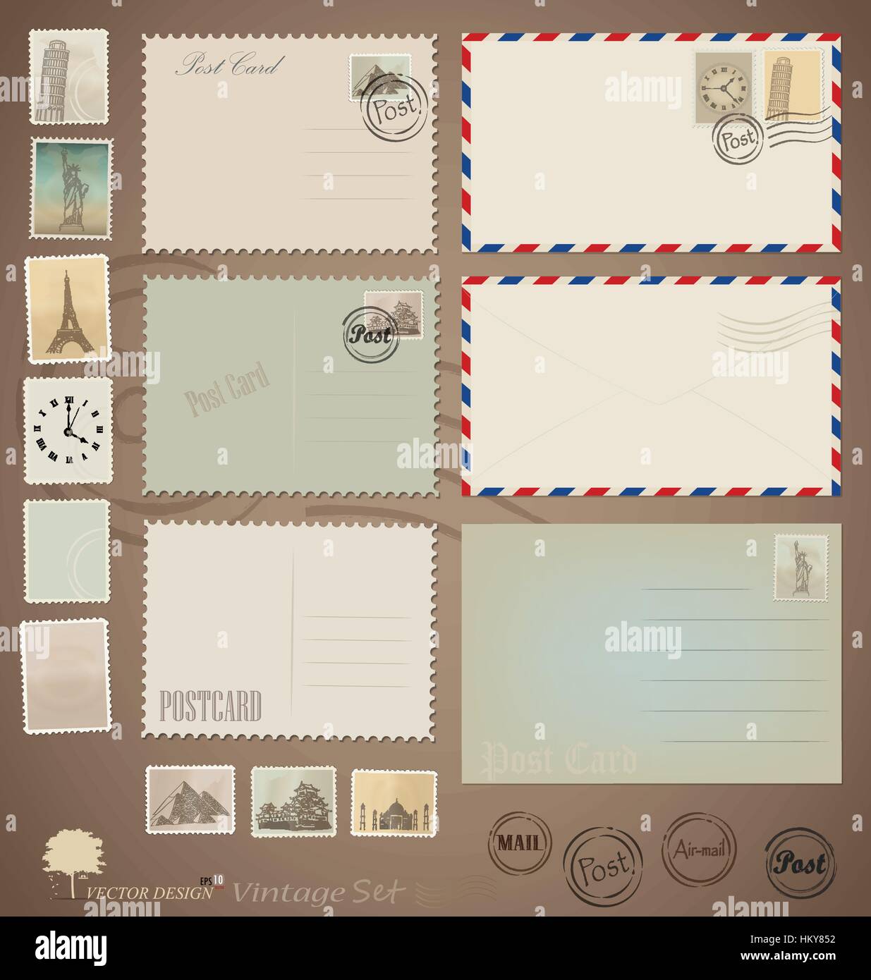 Vector set: Vintage postcard designs, envelopes and stamps Stock Vector ...