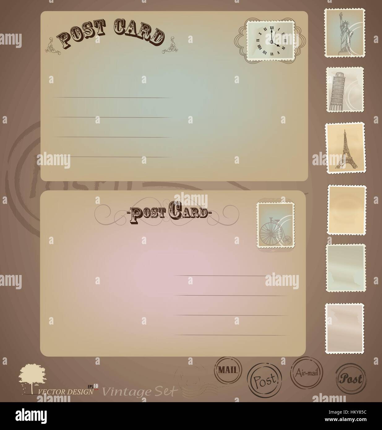 Vector set: Vintage postcard designs and stamps Stock Vector Image ...