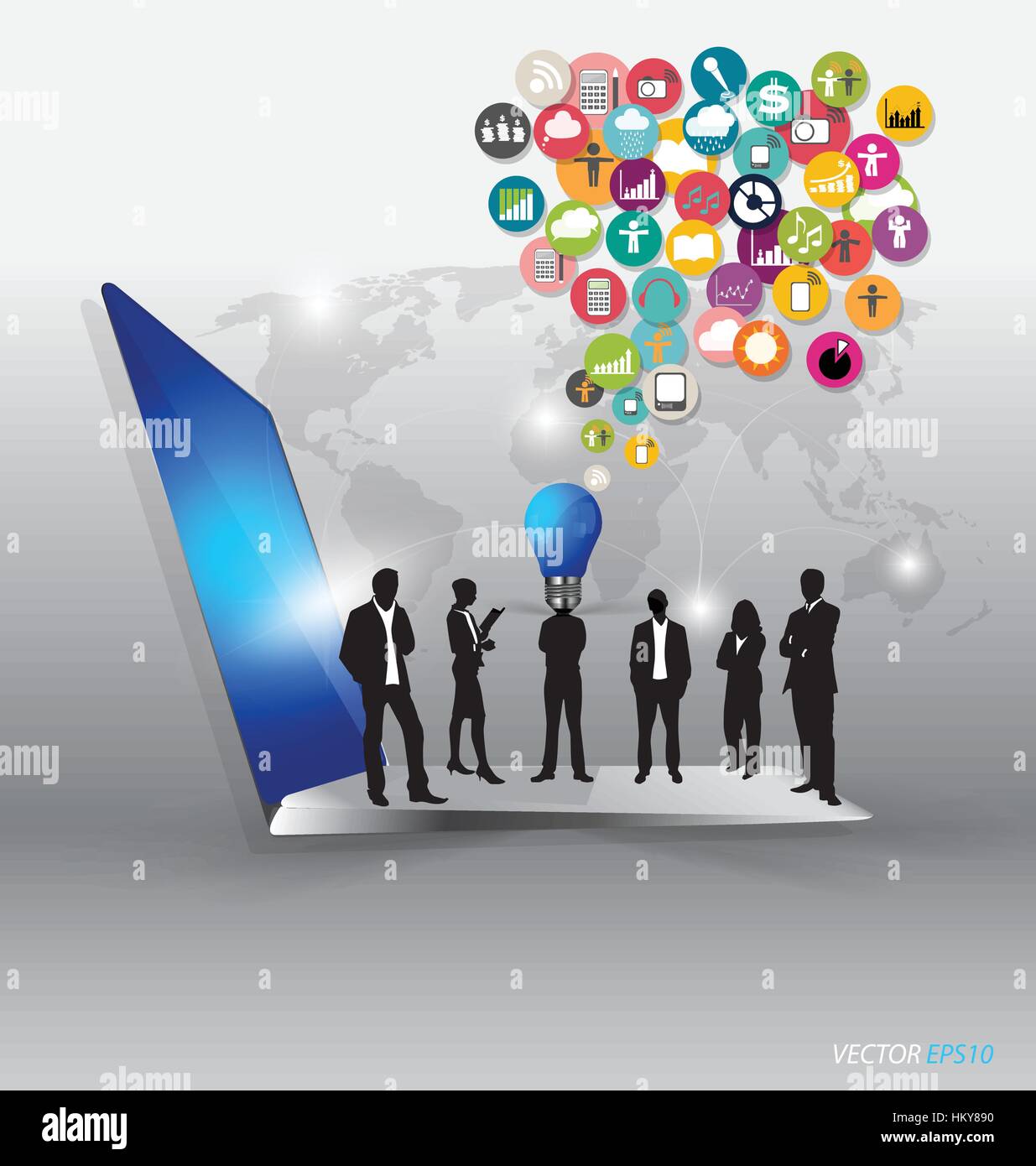 Laptop with cloud of colour application icons. Vector illustration ...