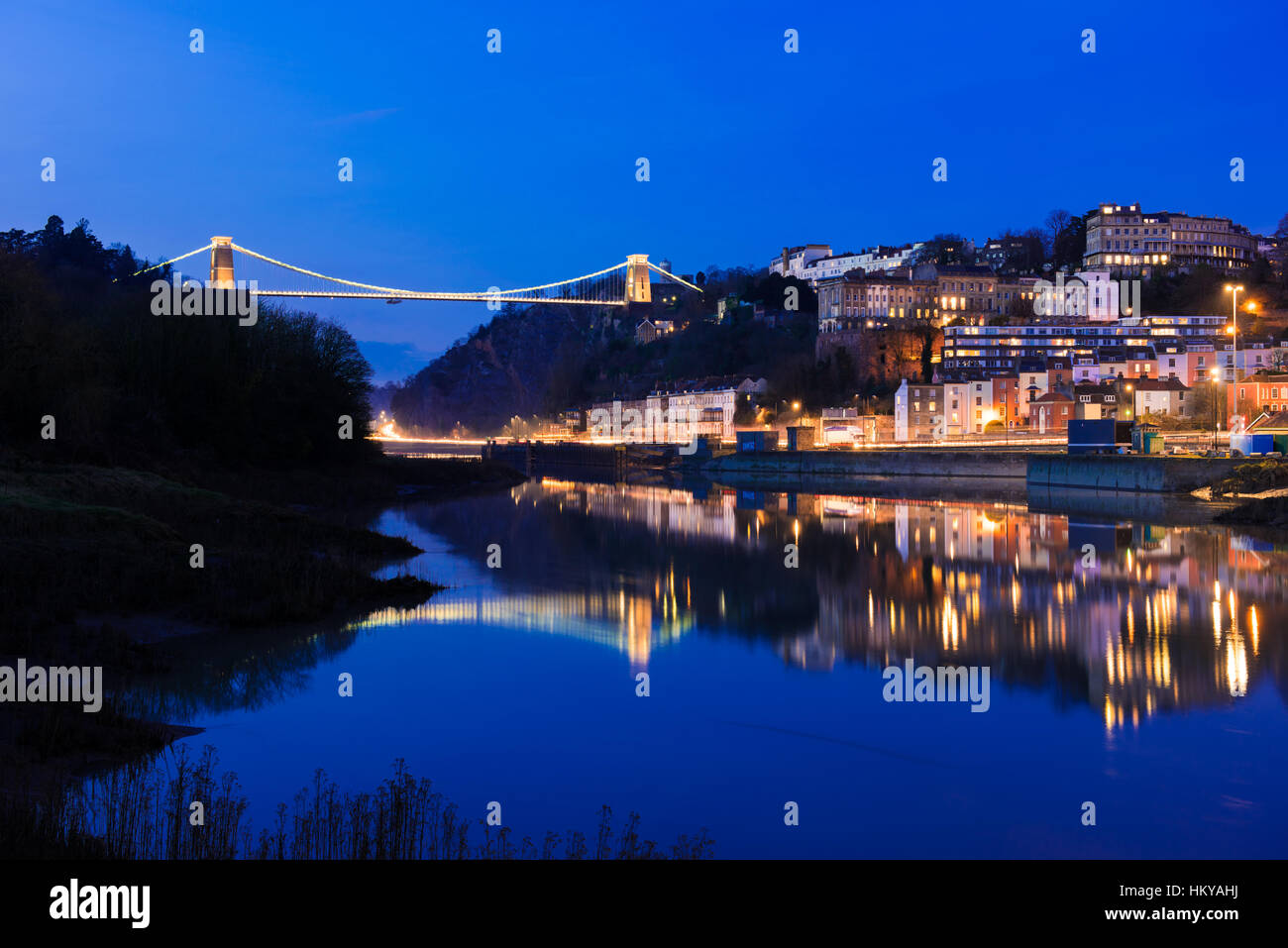 Bristol skyline at dusk with Clifton Suspension Bridge over the River ...