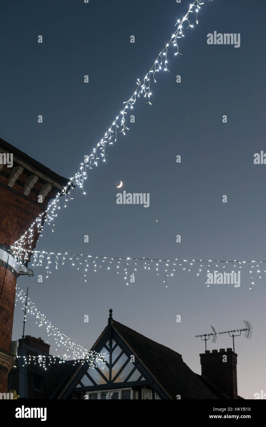Presteigne, Powys, UK. Night scene with Christmas lights, showing the ...