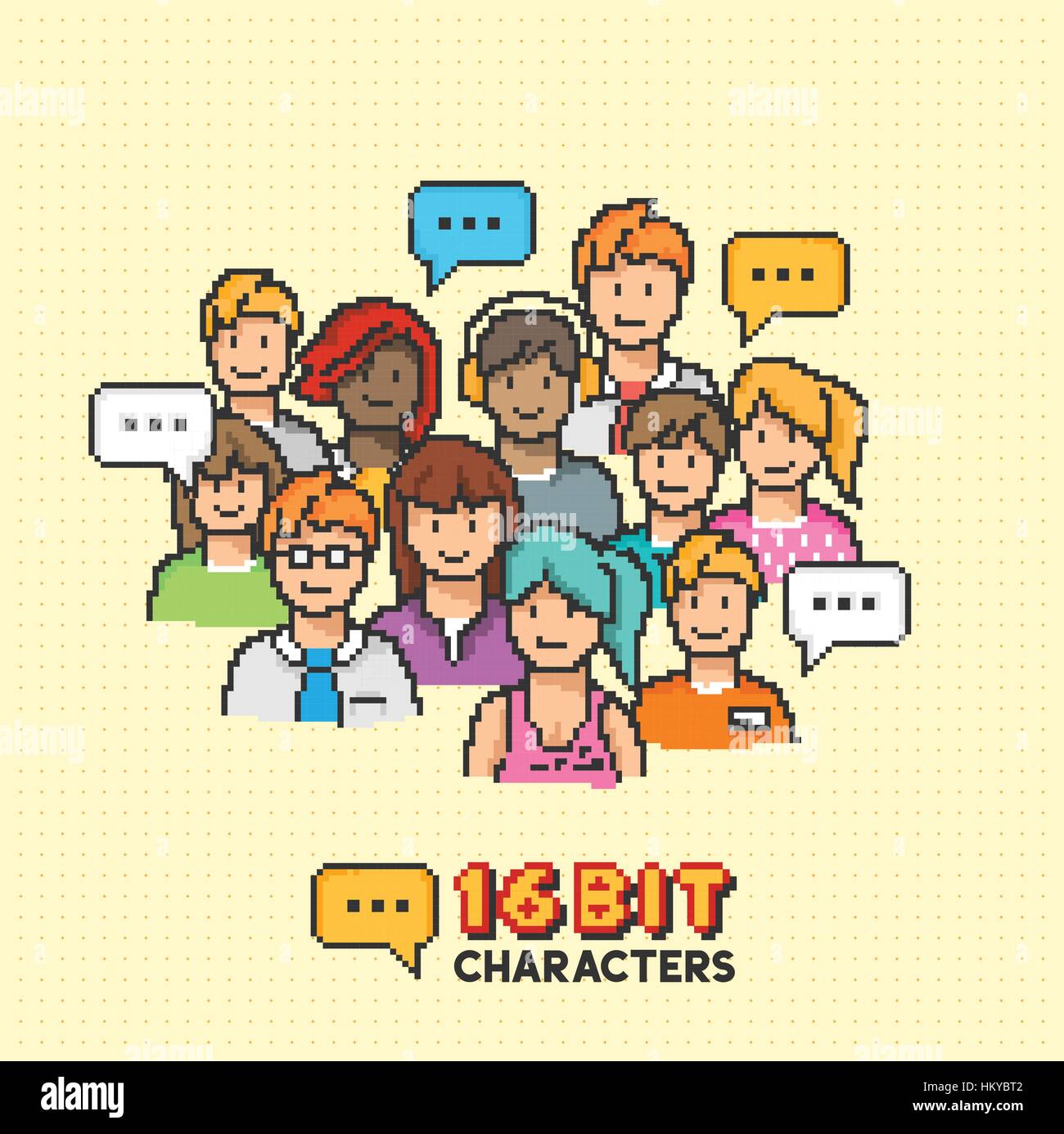 A group of young adult characters in 16-bit graphics. Vector ...