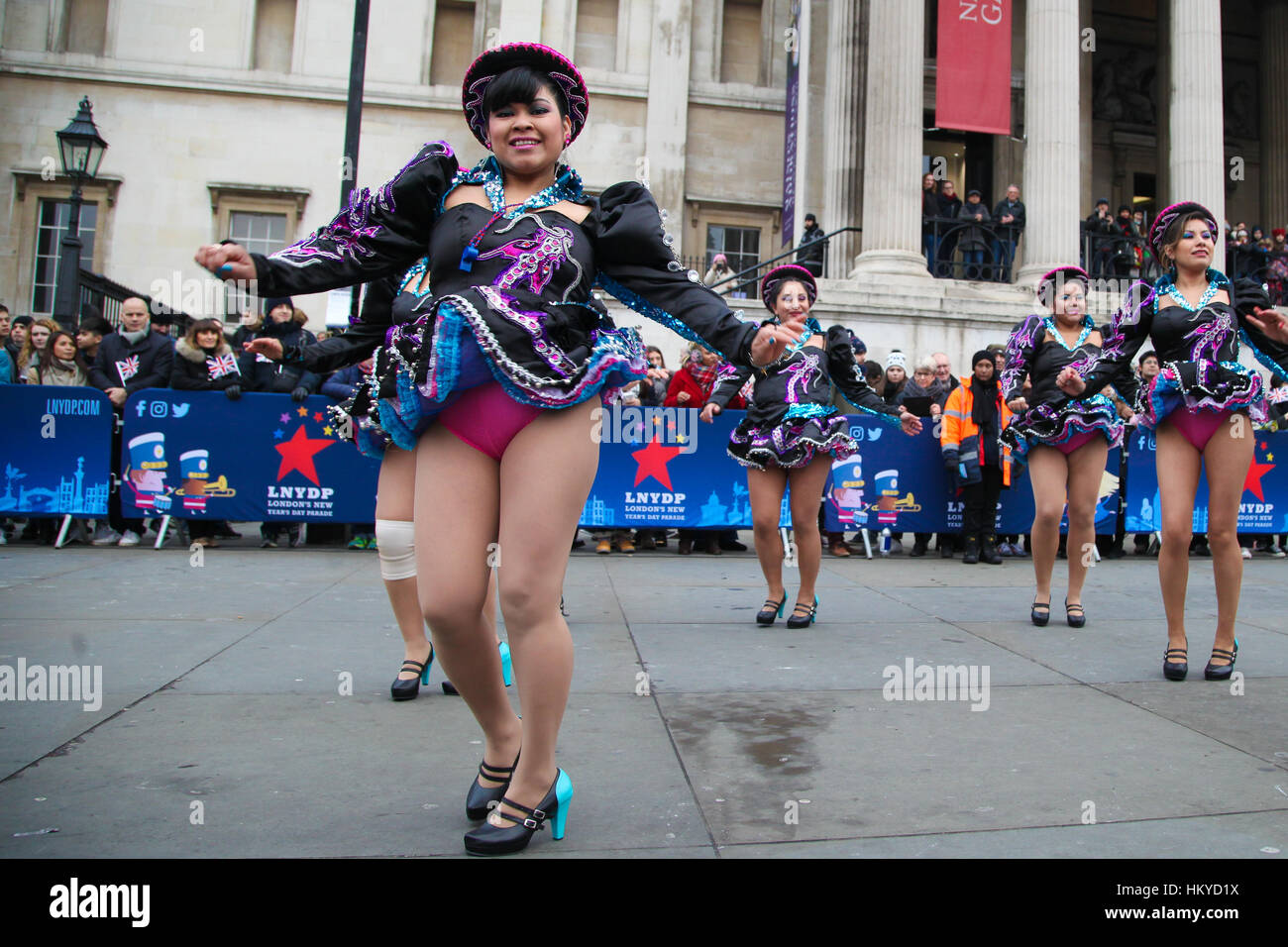 Bolivian dance troupe Trafalgar Square, London 30 Dec 2016 - Performers go through a routine ...