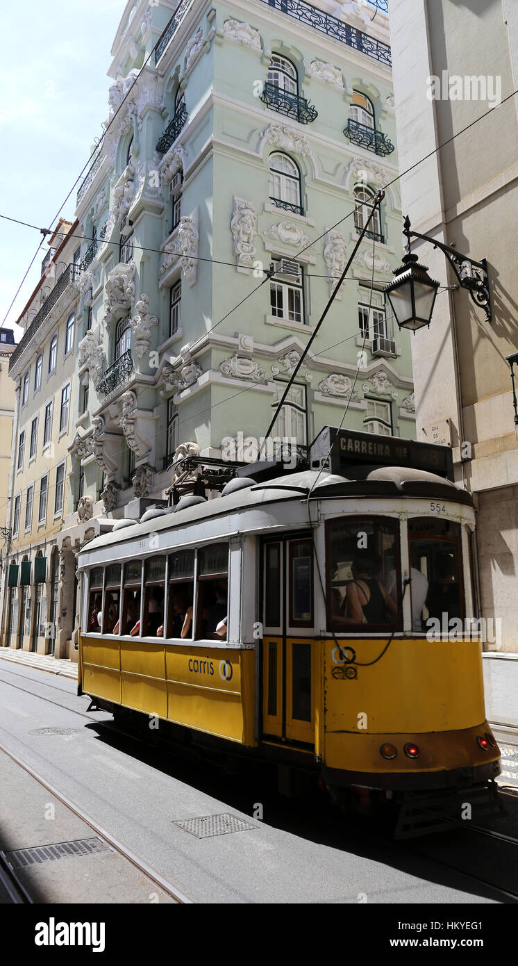 Antique trolleys in Lisbon, Portugal. Vintage yellow trams Stock Photo ...