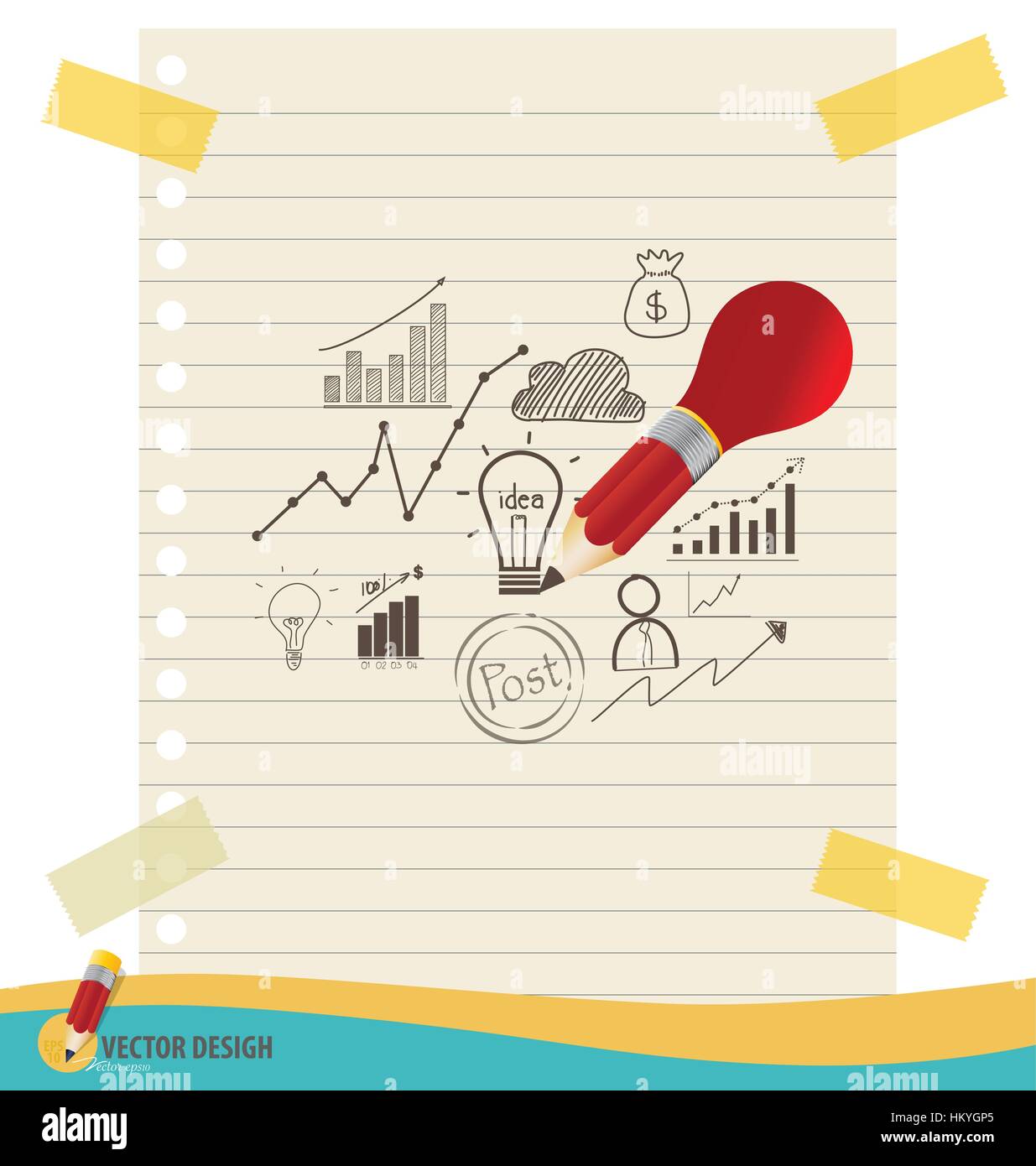 Note papers with drawing chart and graphs. Vector illustration Stock ...