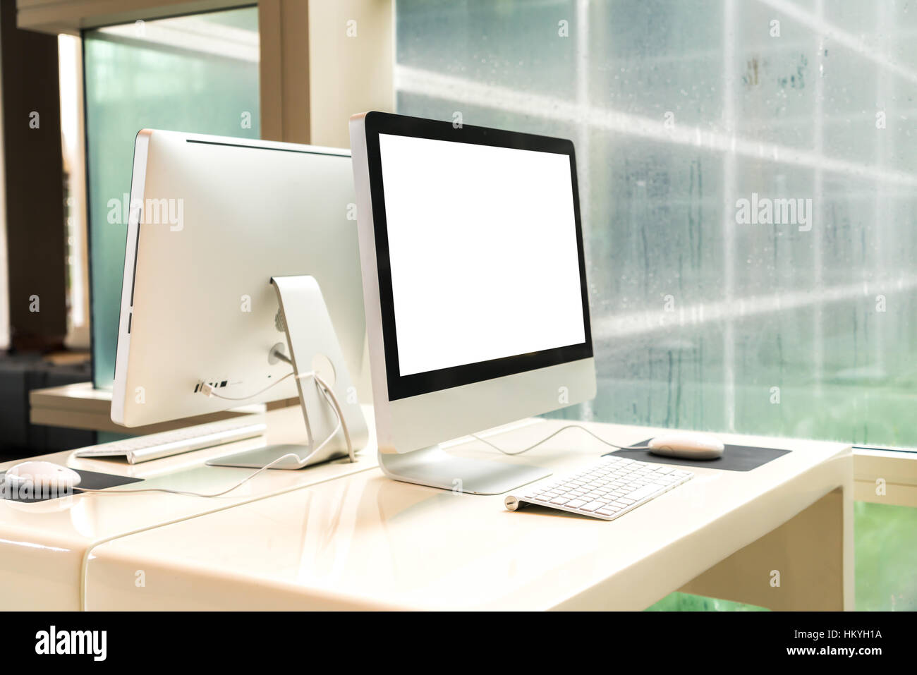 Computer on table in office, Workspace Stock Photo - Alamy