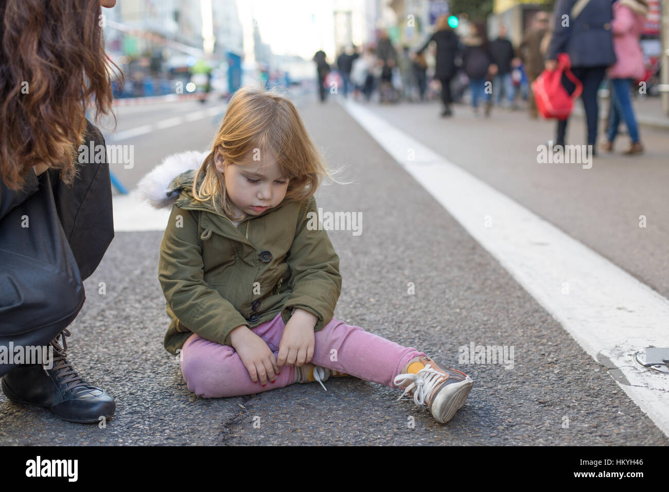 three years old blonde lovely caucasian girl child, with crying and sad ...