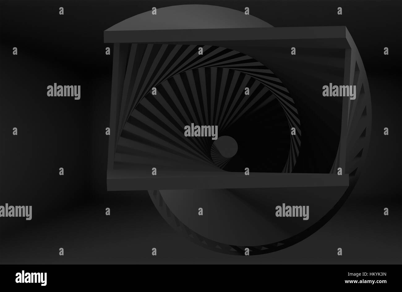 Abstract black helix object in dark room interior, 3d render ...