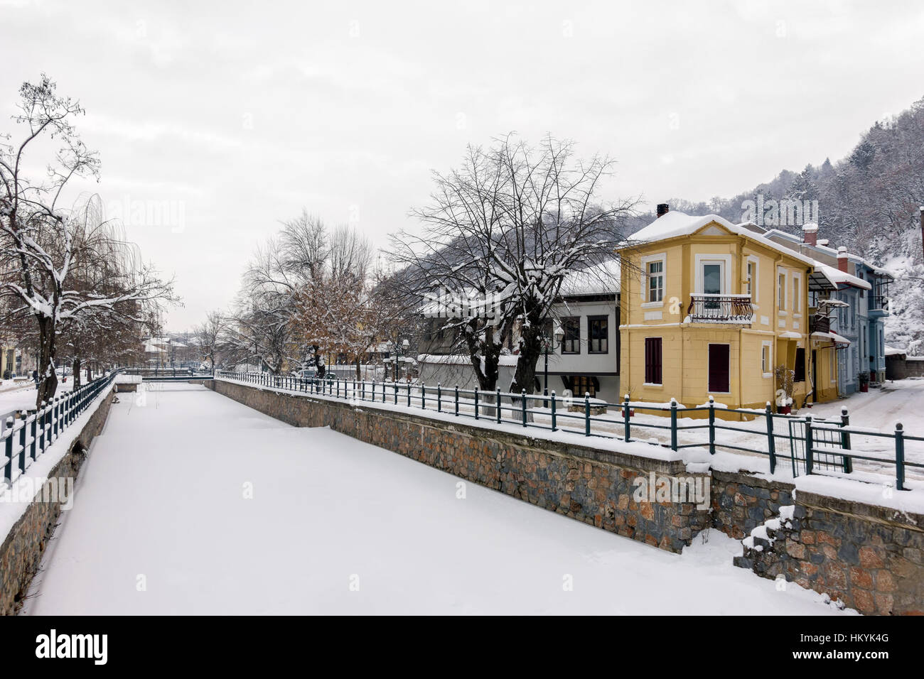 Picturesque winter scene by the river of Florina, a small town in ...