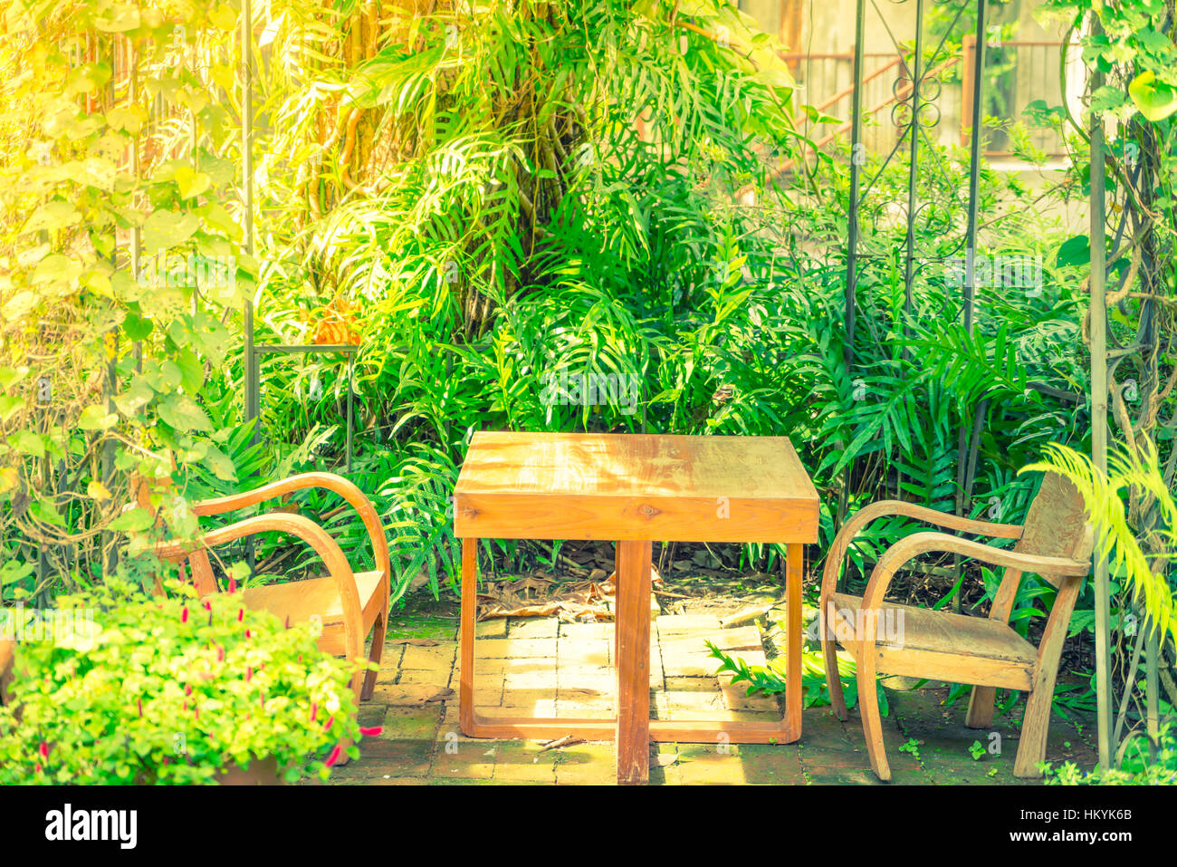 Tables and Chair in outdoor cafe restaurant Stock Photo - Alamy