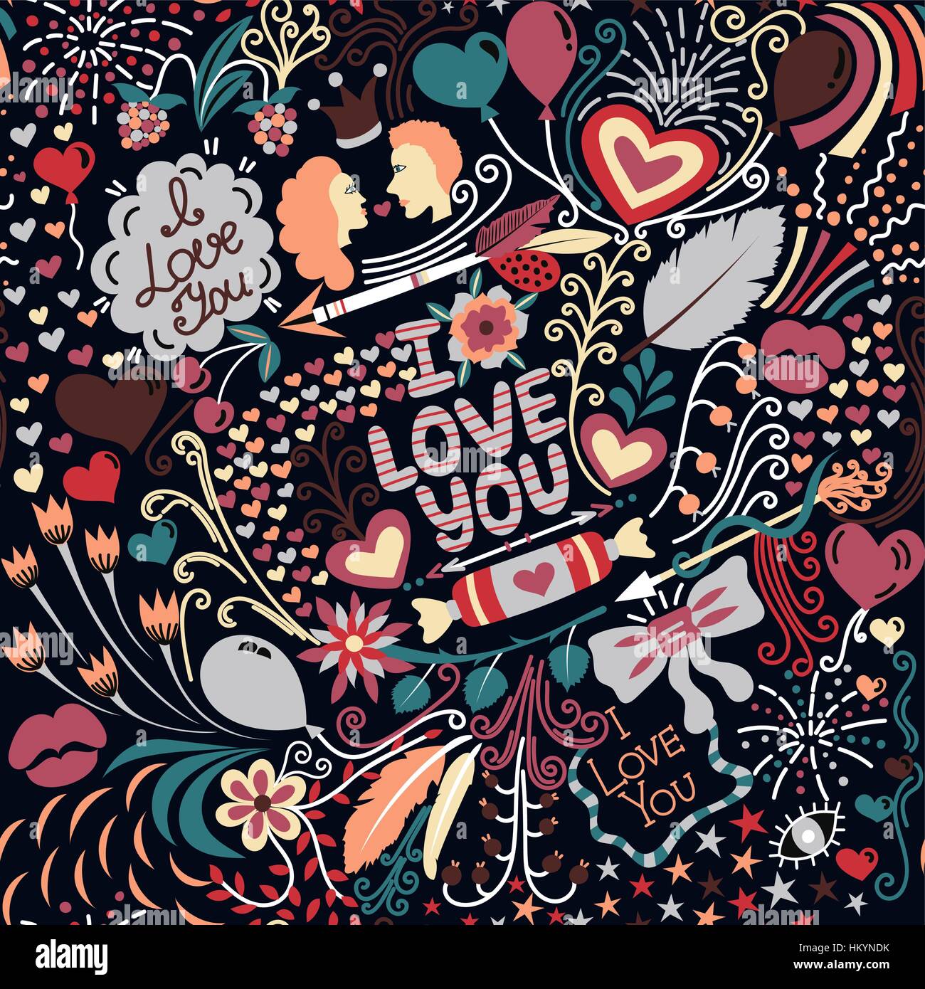 Seamless pattern with hand drawn love elements. Colorful greeting ...