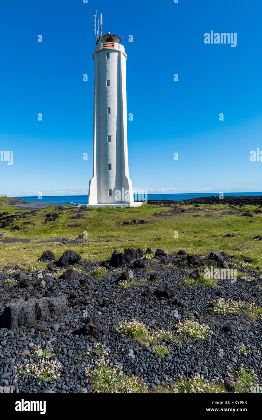 White lighthouse at Londrangar on Snaefellnes Westfjords on Iceland ...